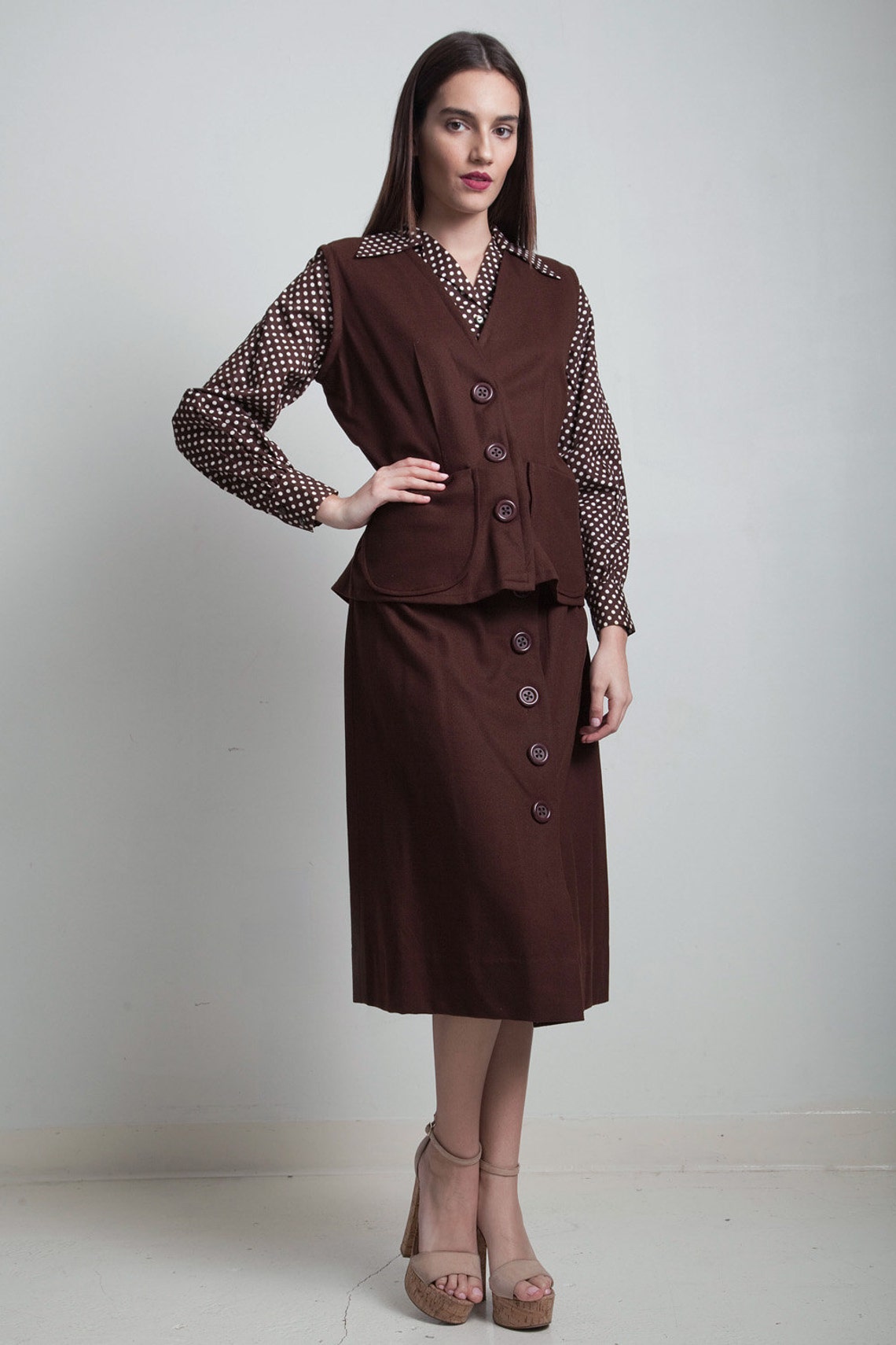 Vintage 70s Preppy Vest Skirt Suit Polka Dot Blouse Chocolate Brown ...