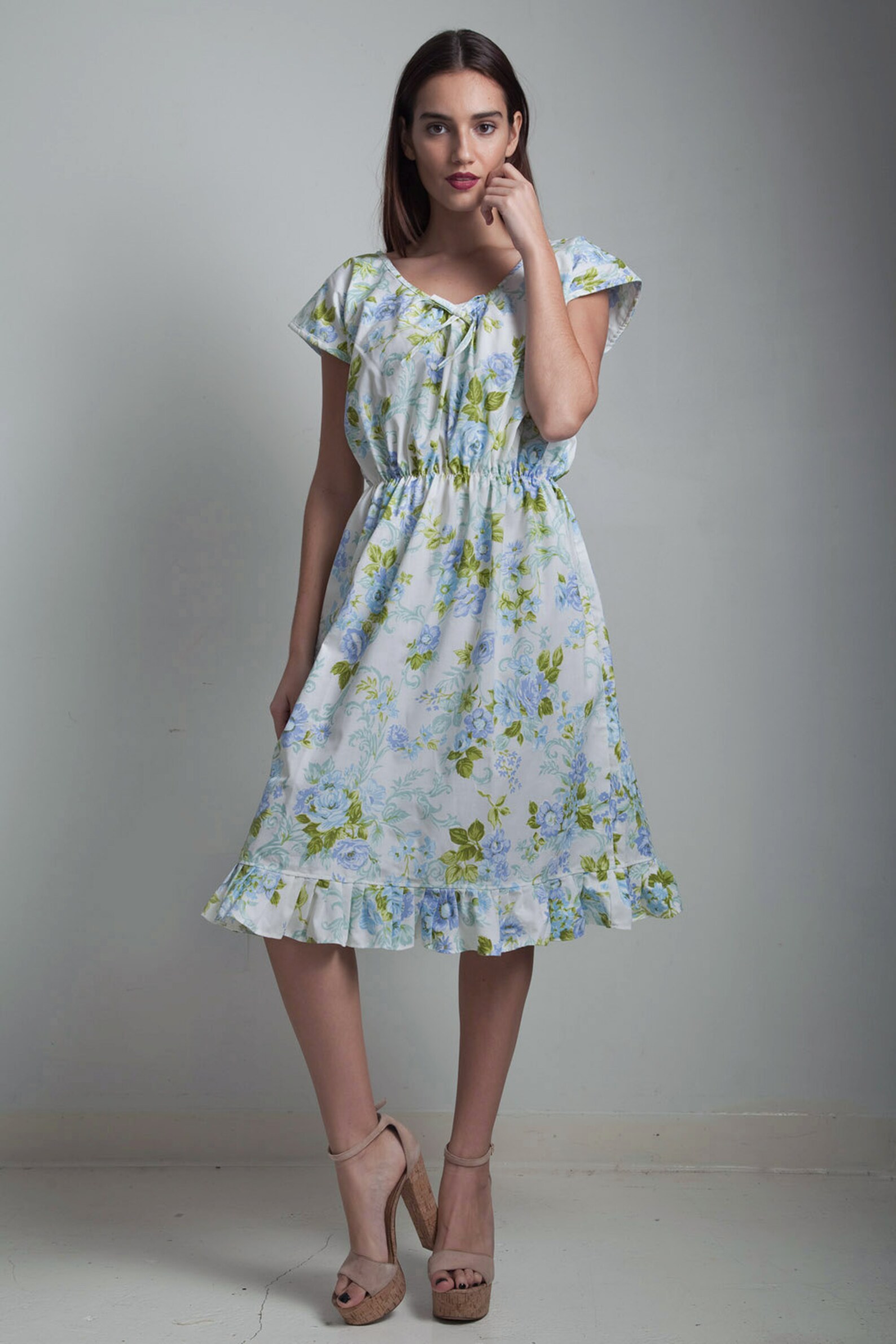 Floral Day Dress Blue Flower Print Elastic Feminine Vintage 70s ONE ...