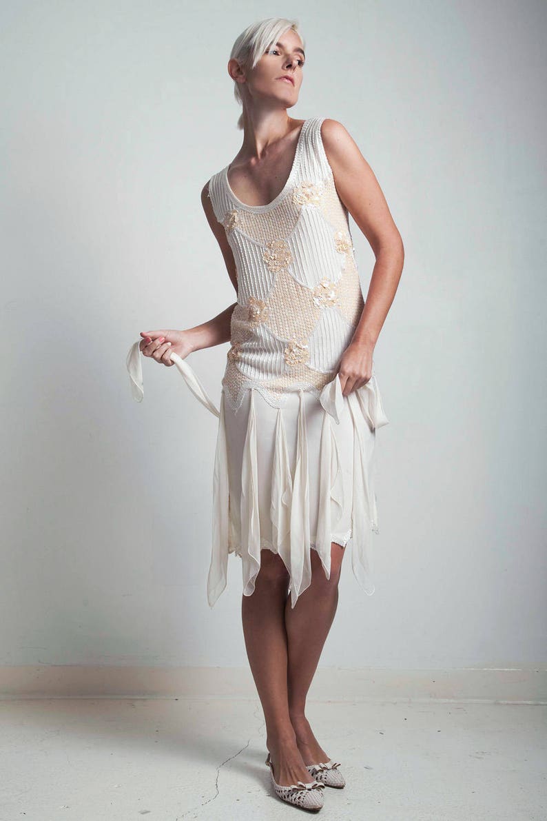 Flapper Dress Wedding Bridal Scarf Vintage 80s Does 20s Cream Beaded ...