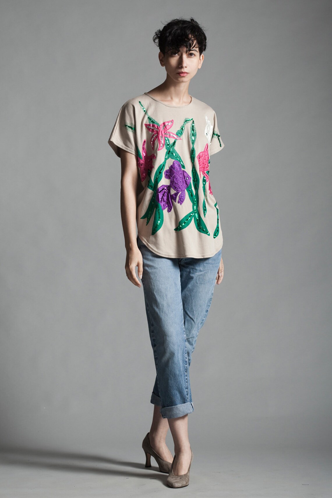 Fish Top Blouse Kitschy Purple Pink Green Goldfish Applique | Etsy