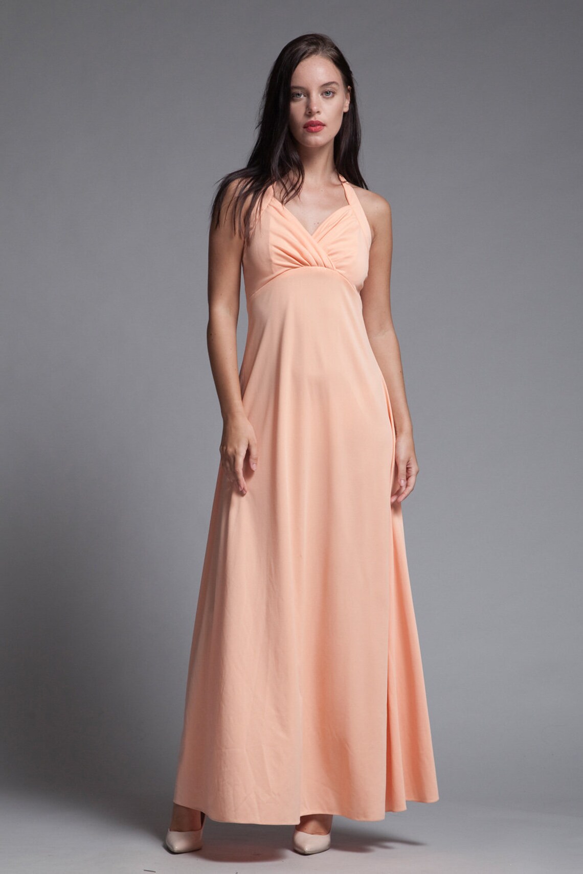 Halter Maxi Dress Empire Pleated Bust Open Back Peach Orange - Etsy