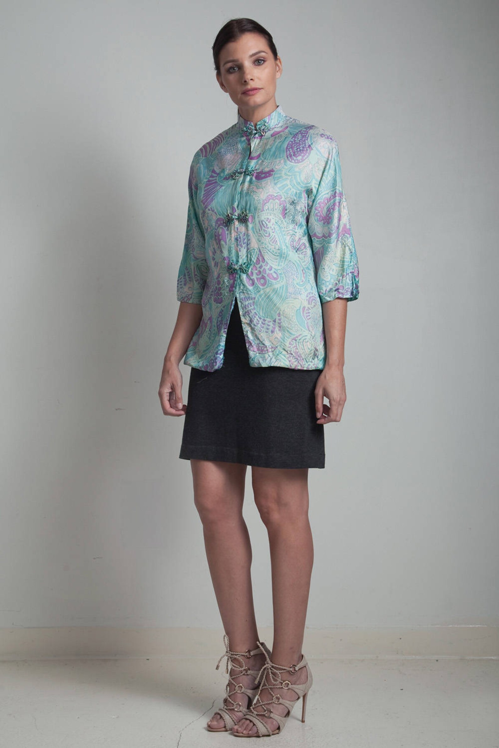 70s Vintage Asian Chinese Blue Top Blouse Frog Buttons 3/4 Sleeve ...