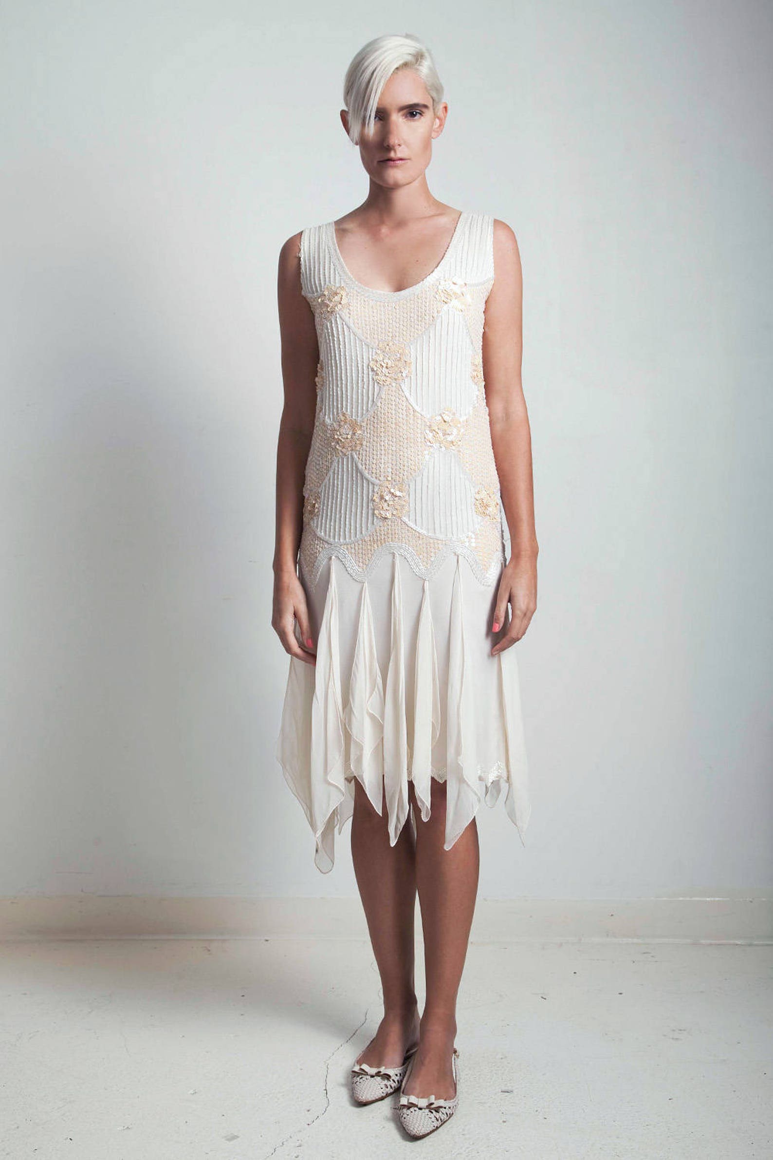 Flapper Dress Wedding Bridal Scarf Vintage 80s Does 20s Cream Beaded ...