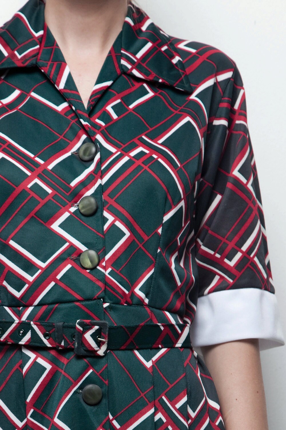 Preppy 70s Shirtwaist Dress Grey Red Geometric Half Sleeve MEDIUM M - Etsy