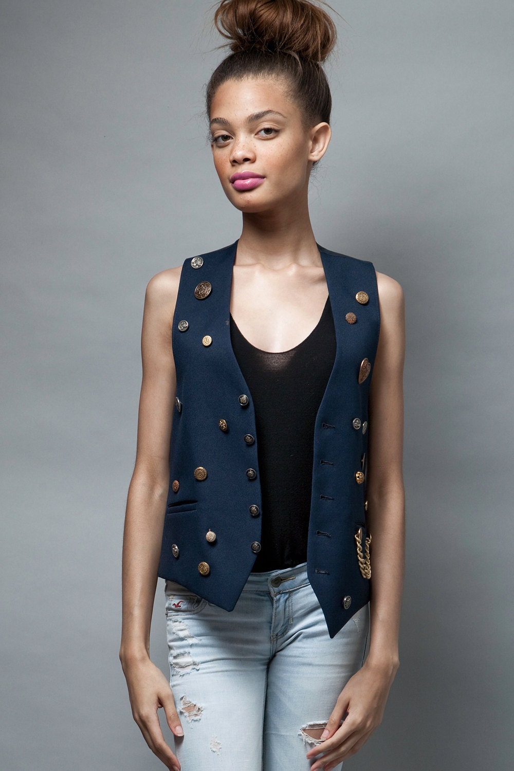 Embellished Vest Vintage 80s Navy Crested Buttons Gold Chain Pins S M ...