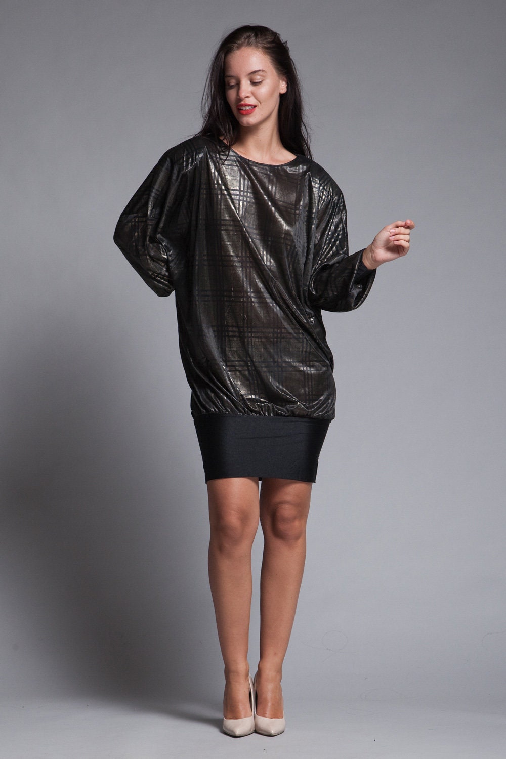 Vintage 80s Bubble Mini Dress Party Top Slinky Black Gold Semi Sheer ...
