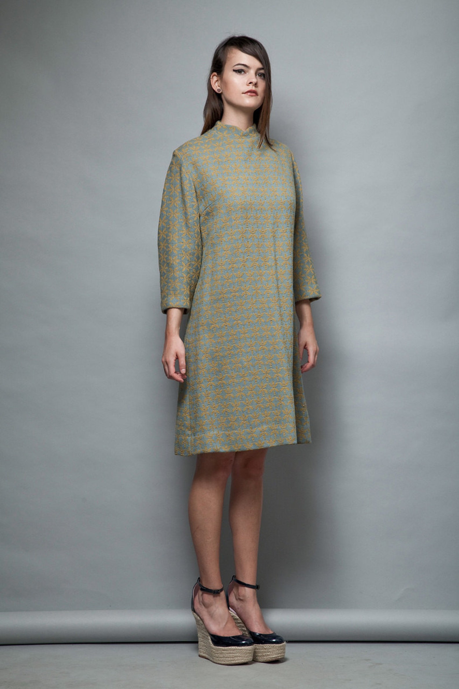 MOD A-line Shift Dress Vintage 60s Wool Damask Blue Yellow - Etsy