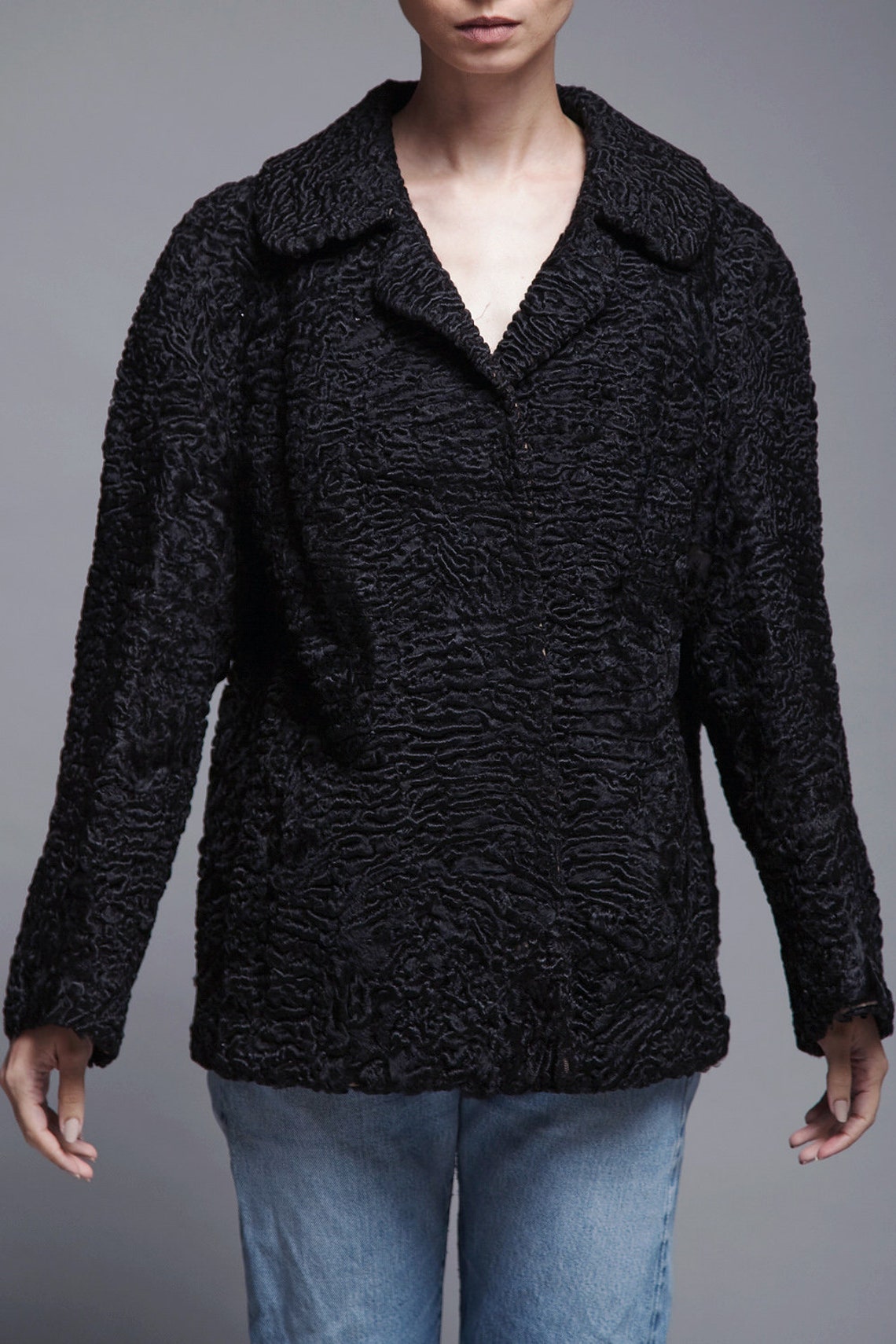 Curly Lamb Wool Fur Coat Jacket Black Vintage 60s MEDIUM LARGE - Etsy