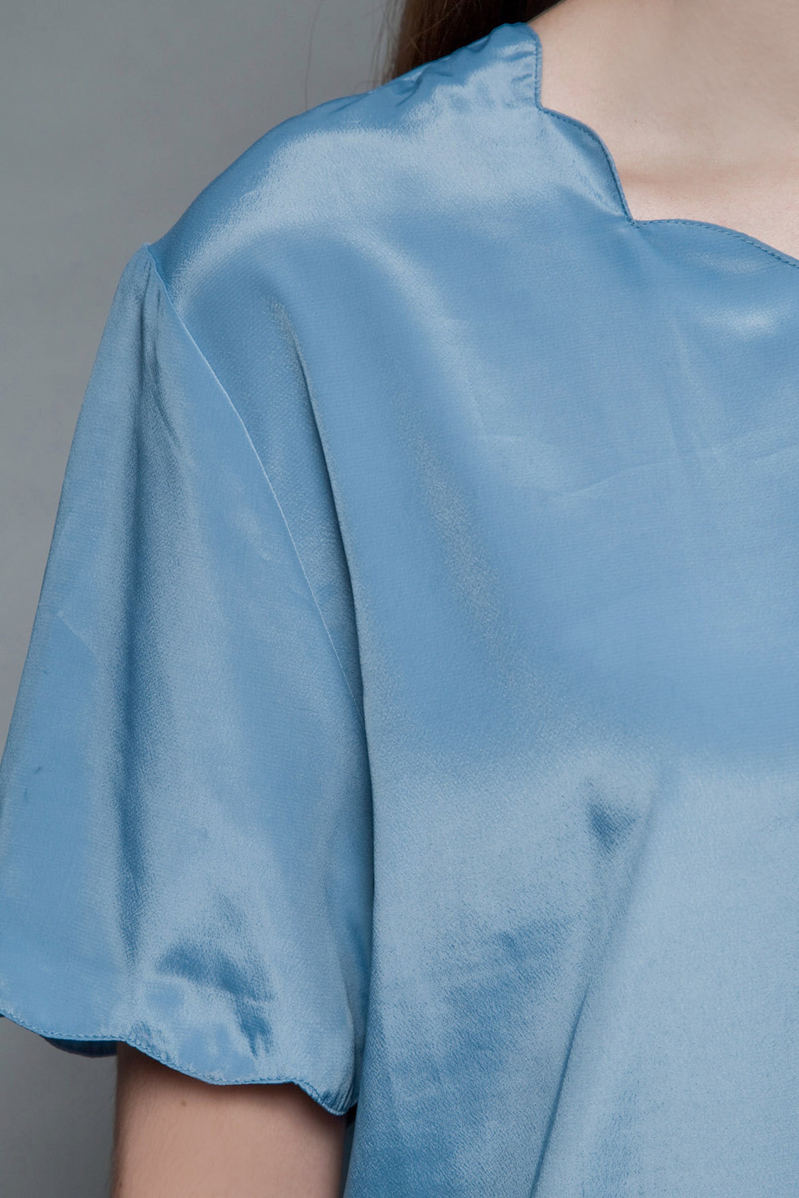 Vintage Slinky Secretary Top Blouse Scalloped Edges Smoke Blue S M ...