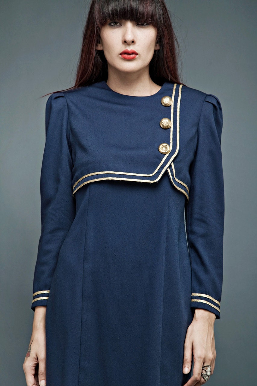 Vintage 80s Navy Sailor Nautical Mini Dress Gold Trims Crested Buttons ...