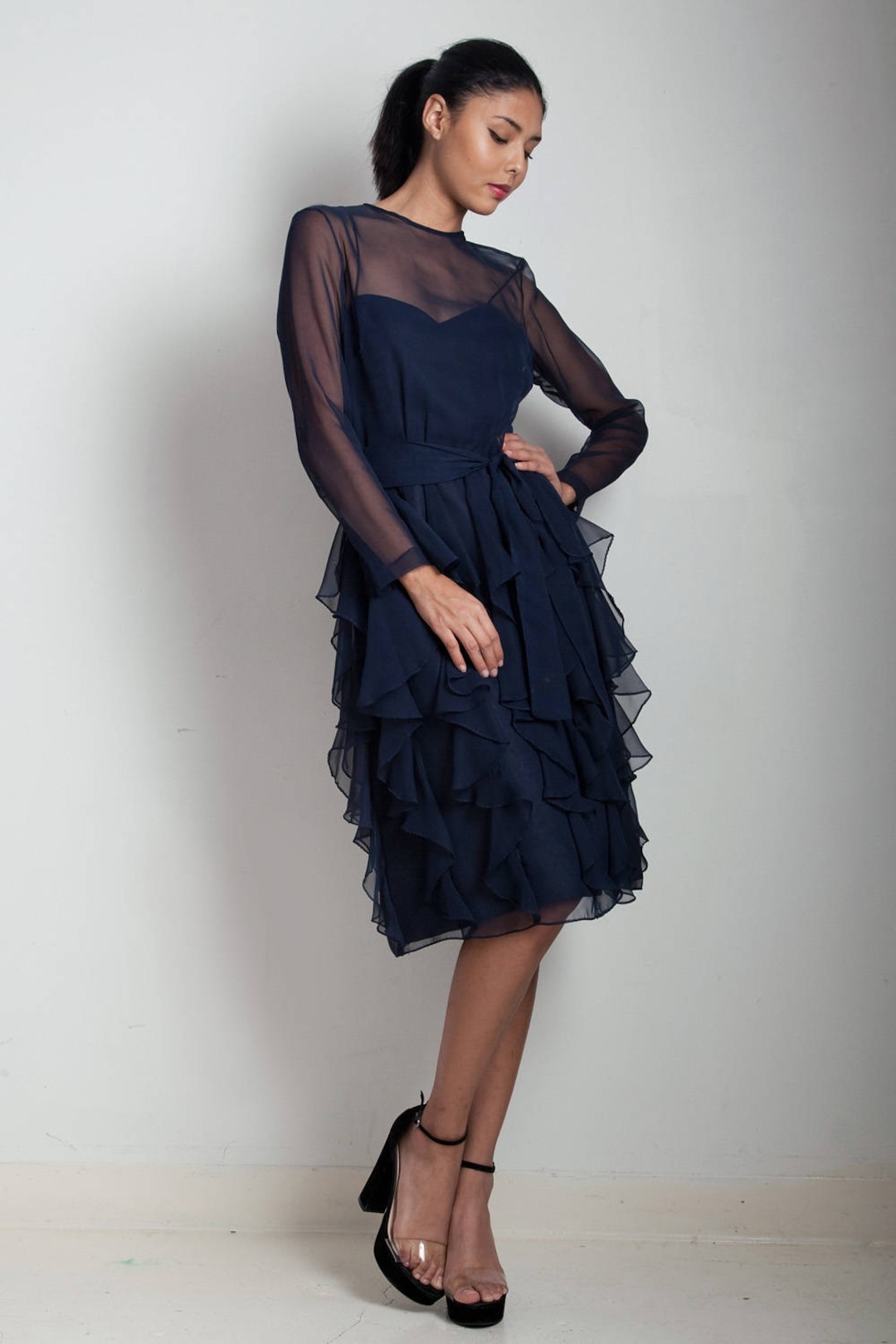 Vintage 80s Tulip Ruffled Dress Party Cocktail Navy Blue Belted Sheer ...