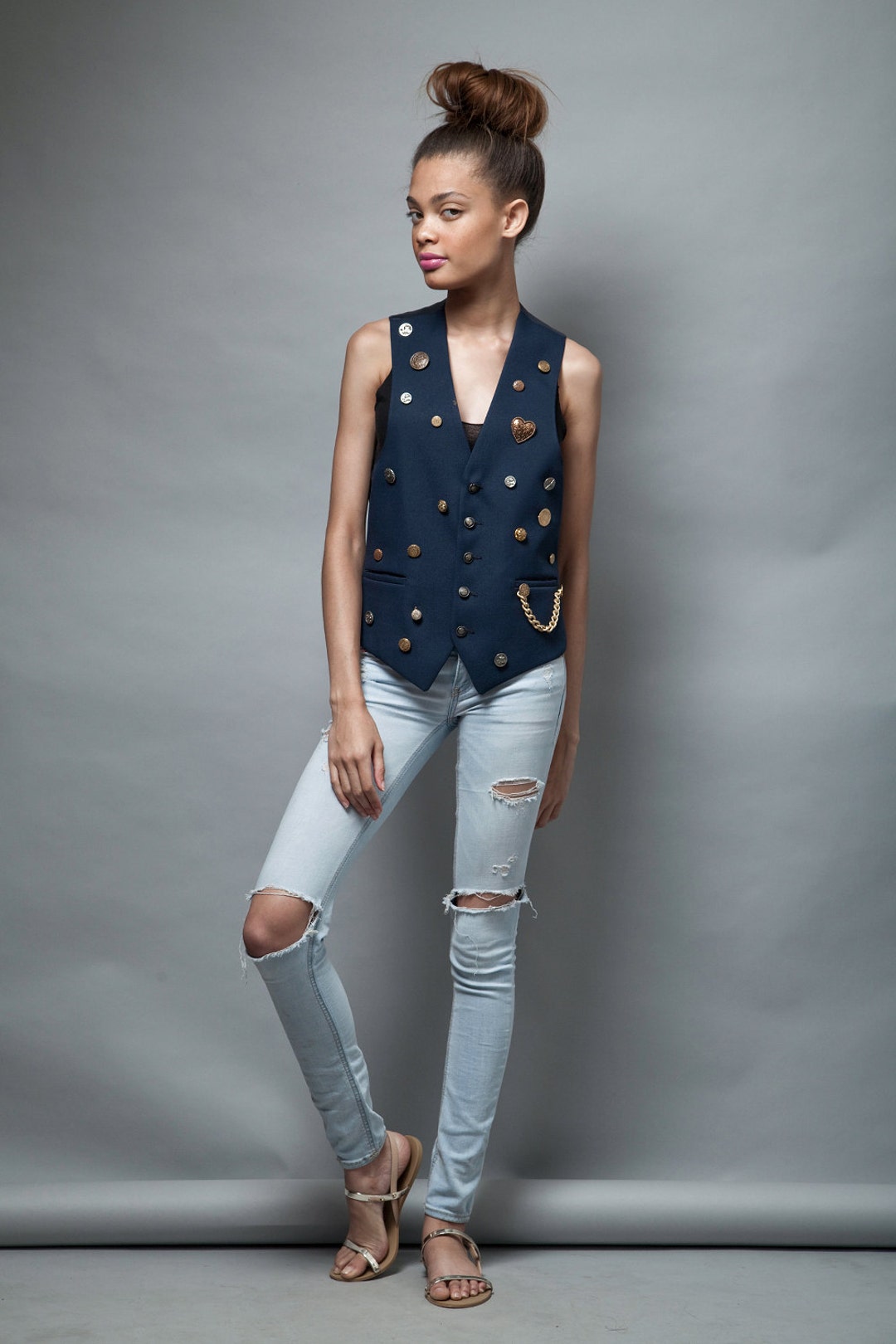 Embellished Vest Vintage 80s Navy Crested Buttons Gold Chain Pins S M ...