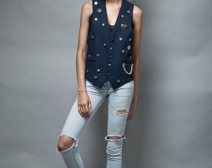 Embellished Vest Vintage 80s Navy Crested Buttons Gold Chain Pins S M ...
