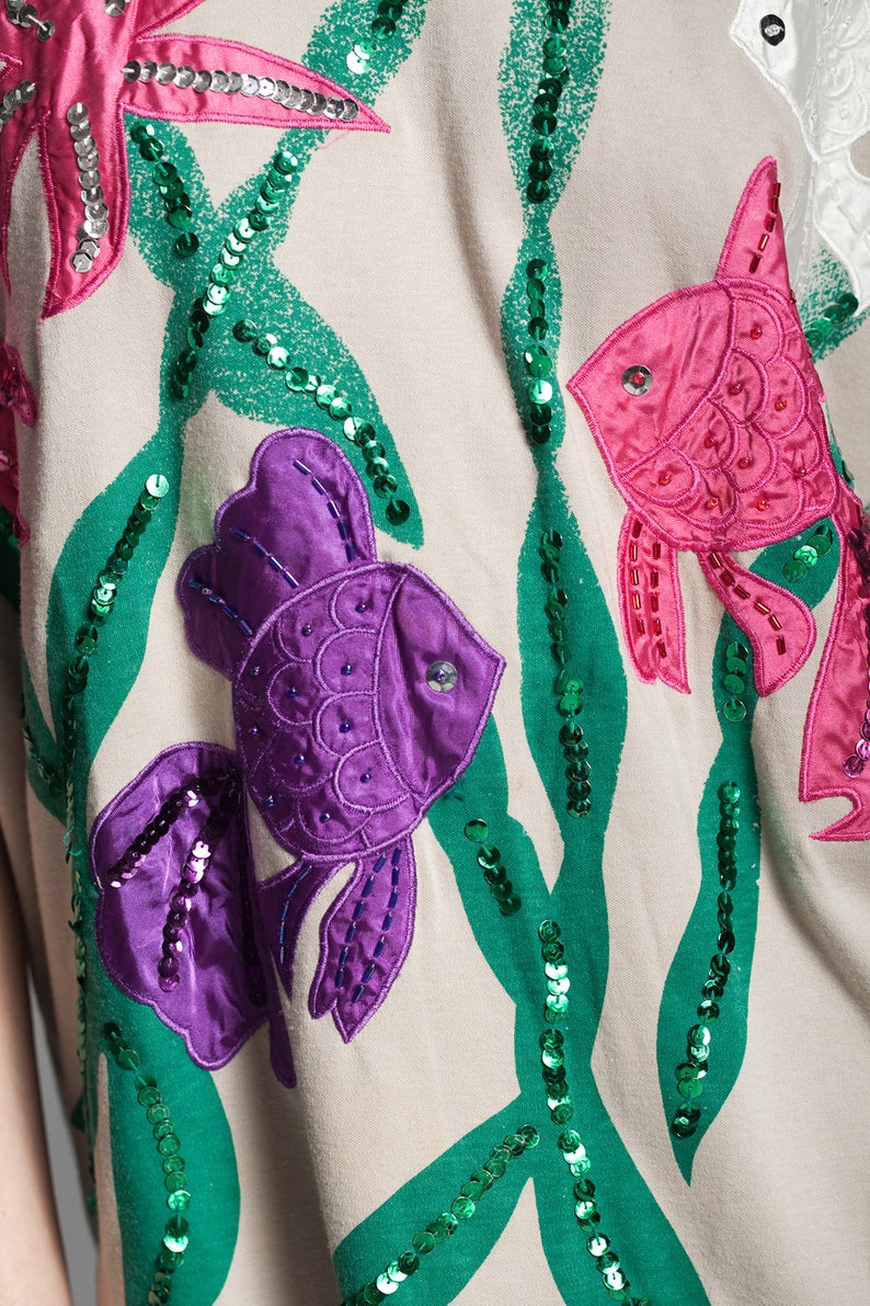 Fish Top Blouse Kitschy Purple Pink Green Goldfish Applique Beads ...