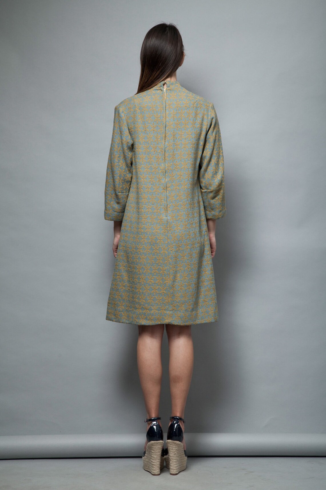 MOD A-line Shift Dress Vintage 60s Wool Damask Blue Yellow - Etsy