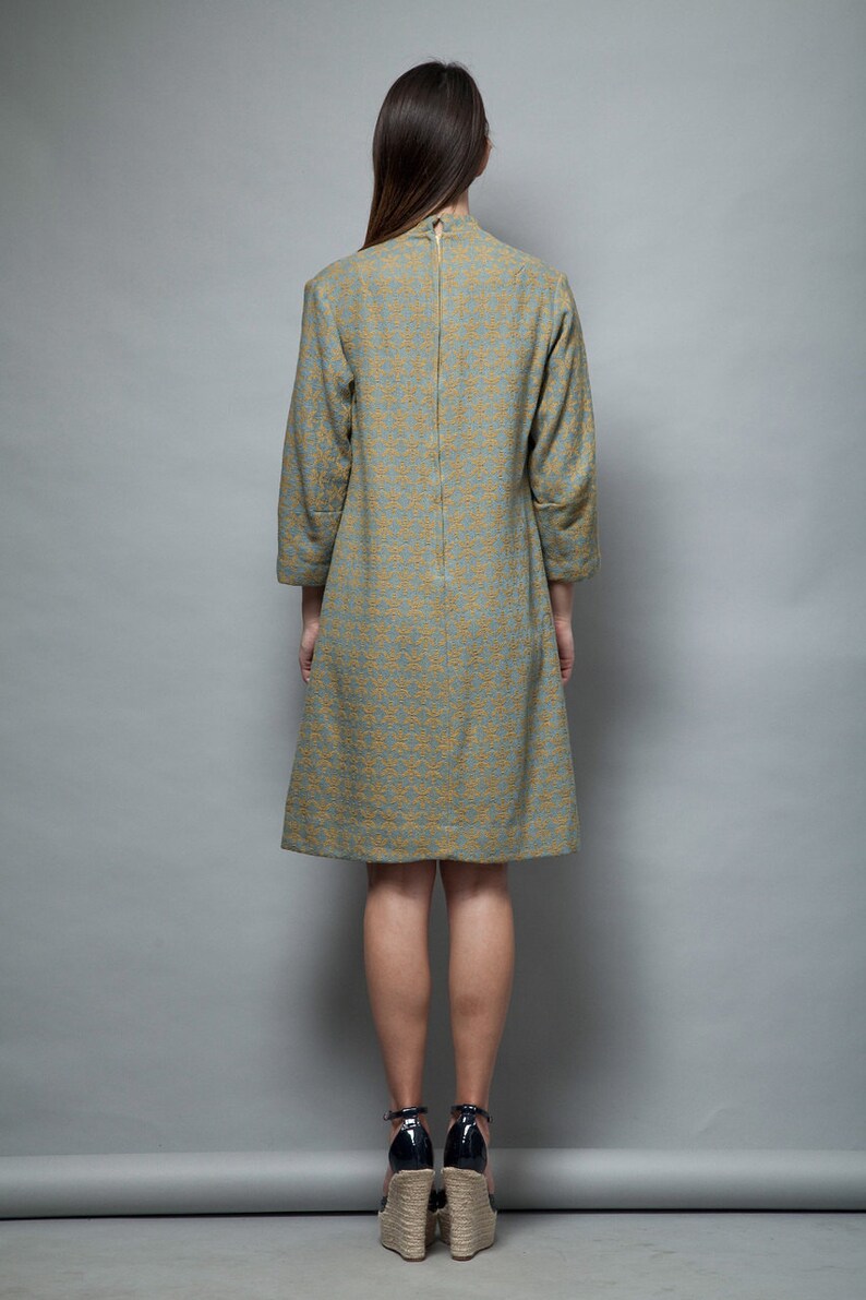 MOD A-line Shift Dress Vintage 60s Wool Damask Blue Yellow - Etsy