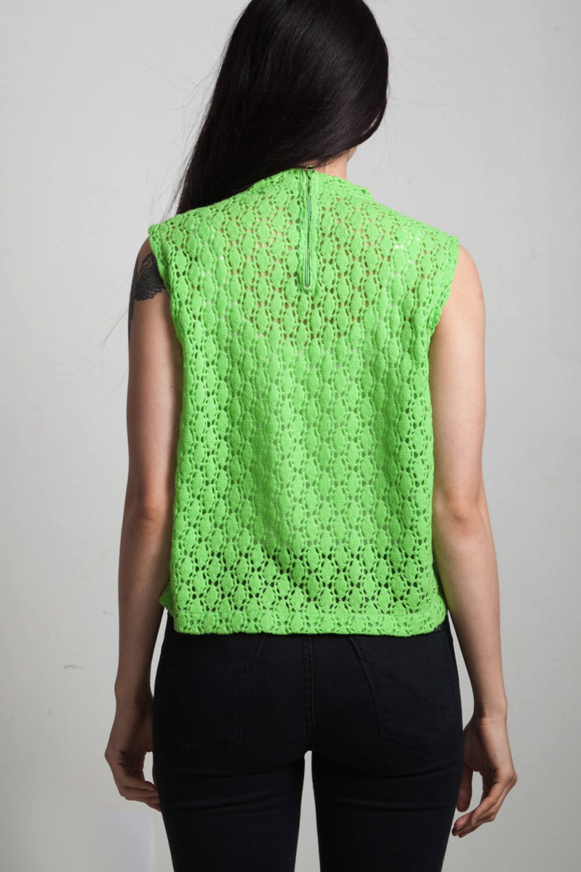 Sleeveless Knit Sweater Top Eyelet Lime Green Pullover High Neck ...