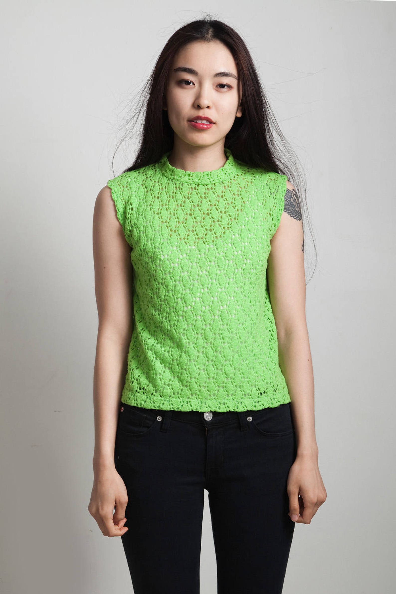 Sleeveless Knit Sweater Top Eyelet Lime Green Pullover High Neck ...