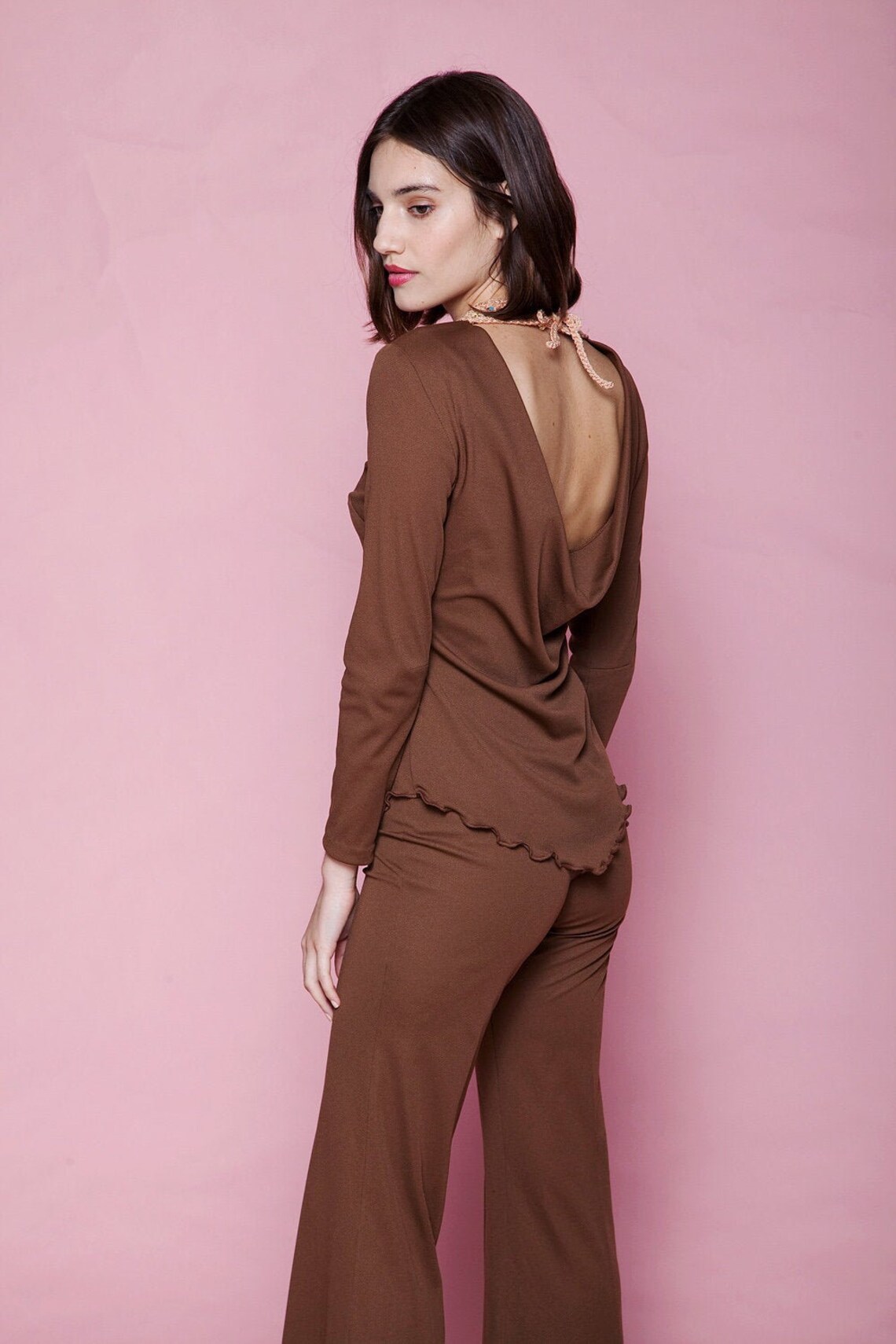 Boho Pant Set Matching Top 2-piece Brown Pantsuit Jumpsuit Cowl Open ...