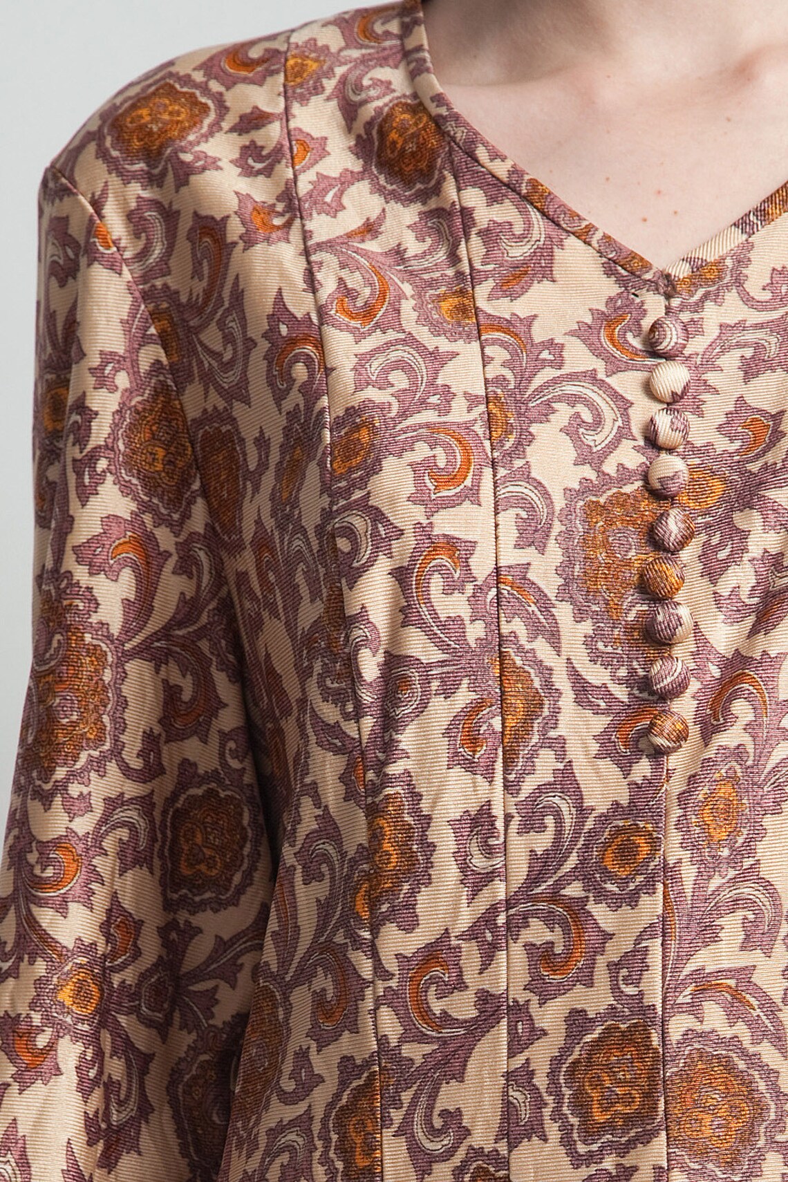 Brown pleated paisley day dress vintage 70s polyester faille | Etsy