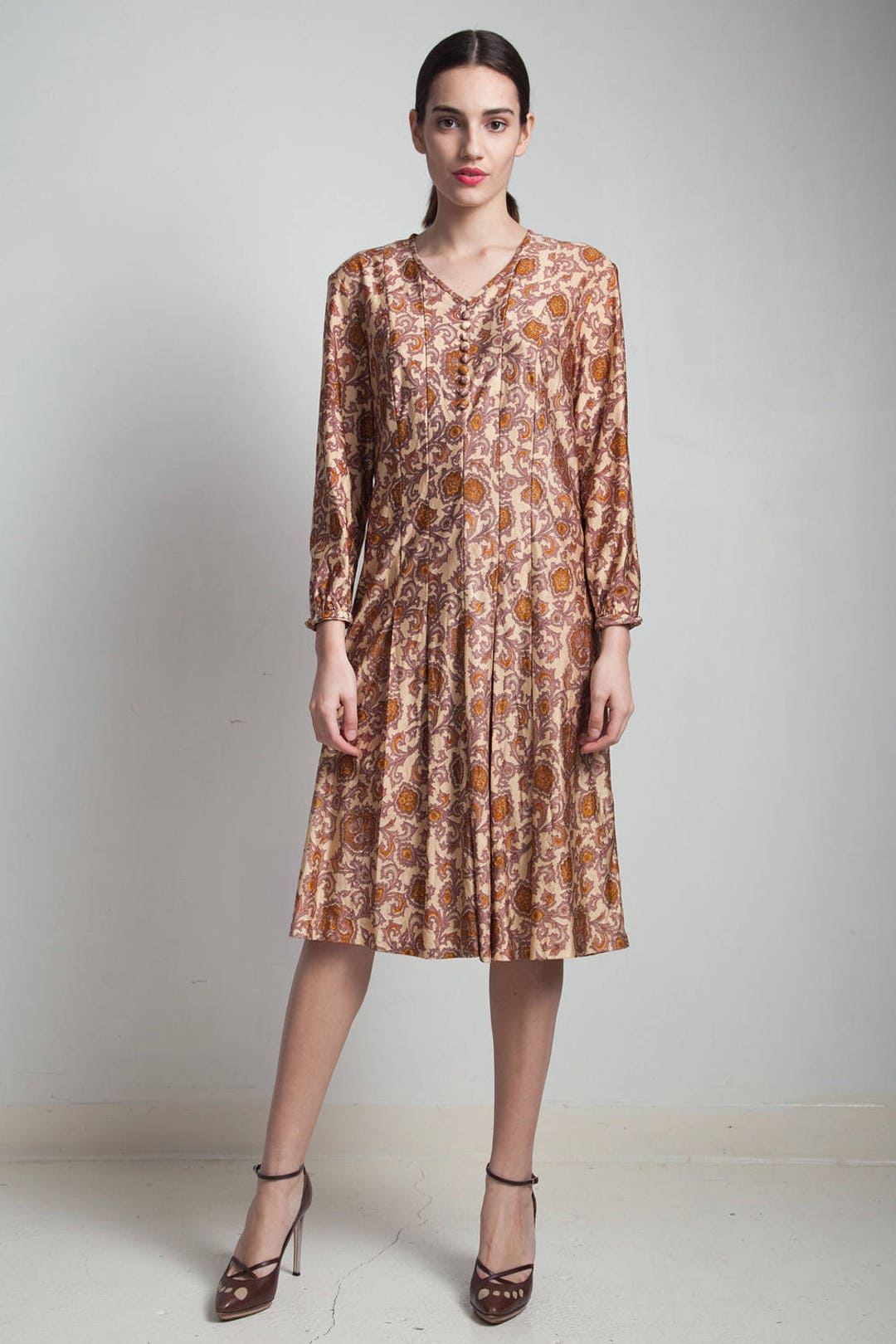 Brown Pleated Paisley Day Dress Vintage 70s Polyester Faille Long ...