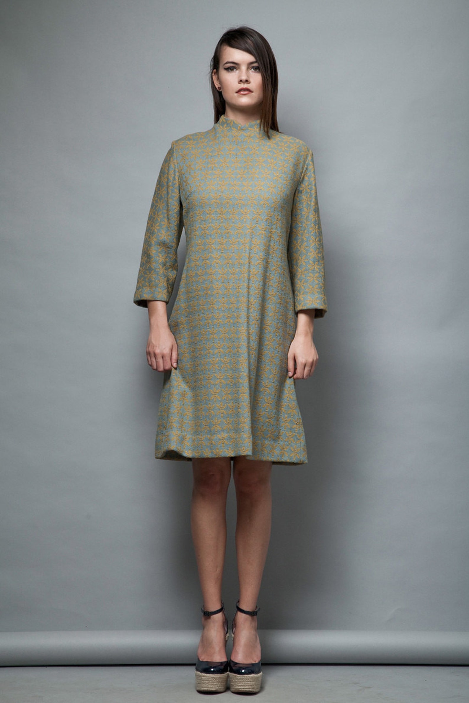 MOD A-line Shift Dress Vintage 60s Wool Damask Blue Yellow - Etsy