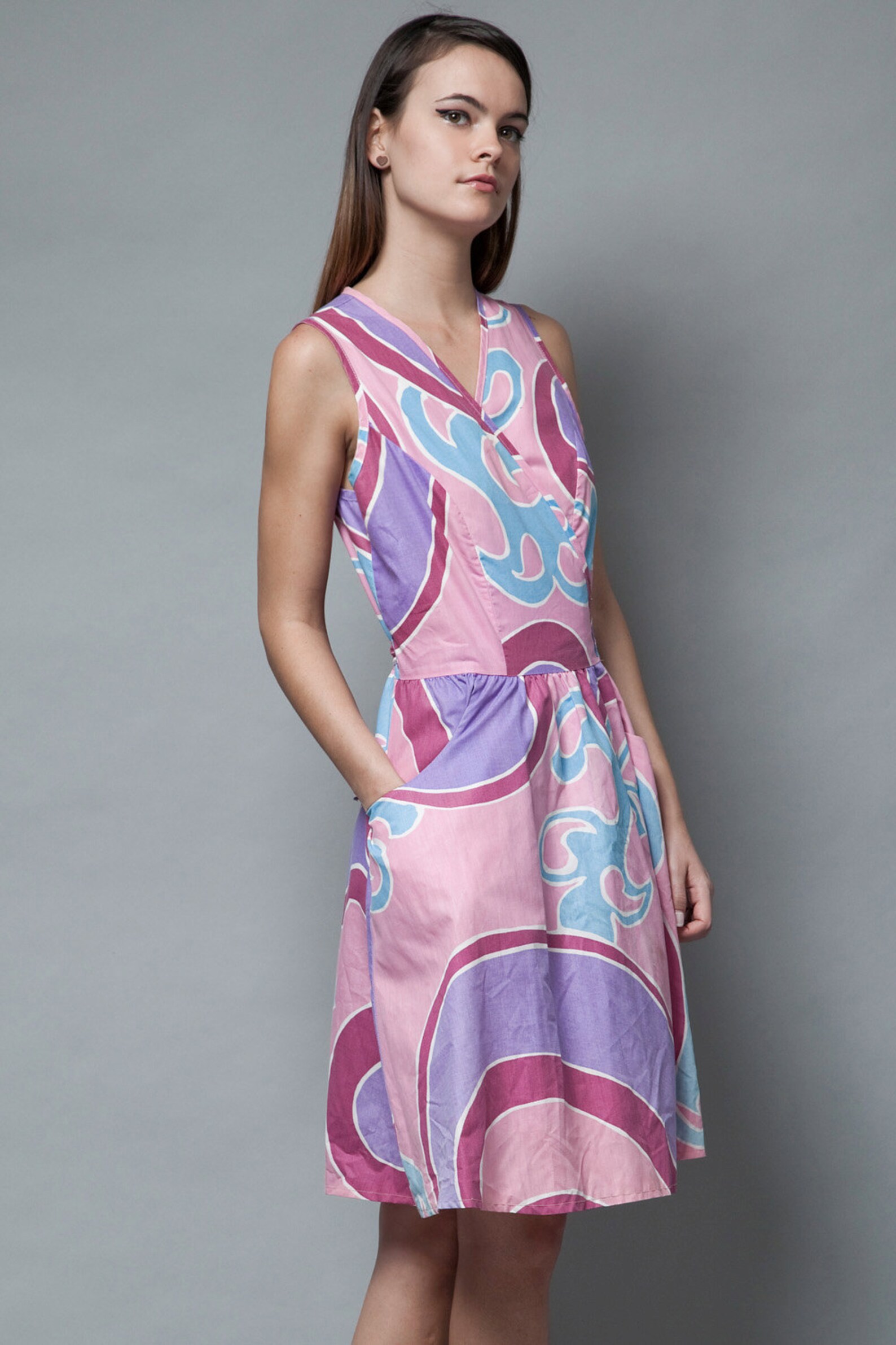 Psychedelic Wrap Dress Printed Cotton Purple Pocket Sleeveless Swirl ...
