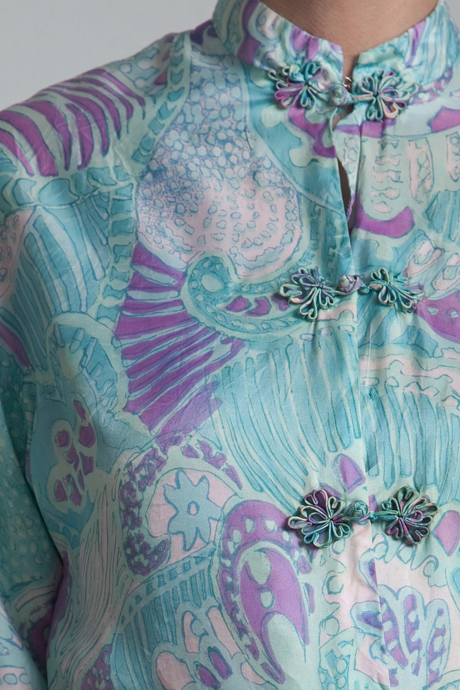 70s Vintage Asian Chinese Blue Top Blouse Frog Buttons 3/4 Sleeve ...