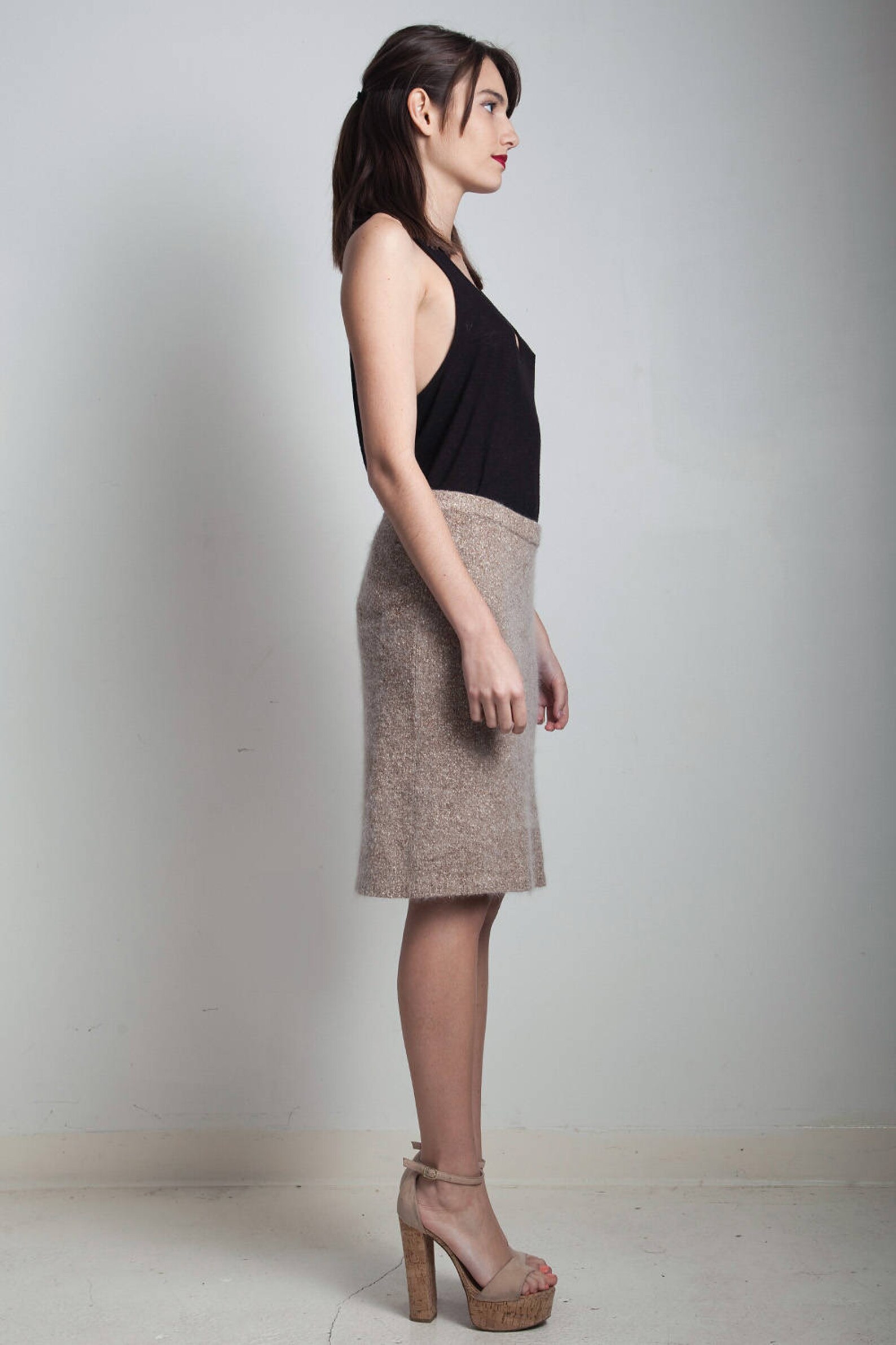 Angora Skirt Vintage Pencil Skirt Knee Length Brown Silk - Etsy