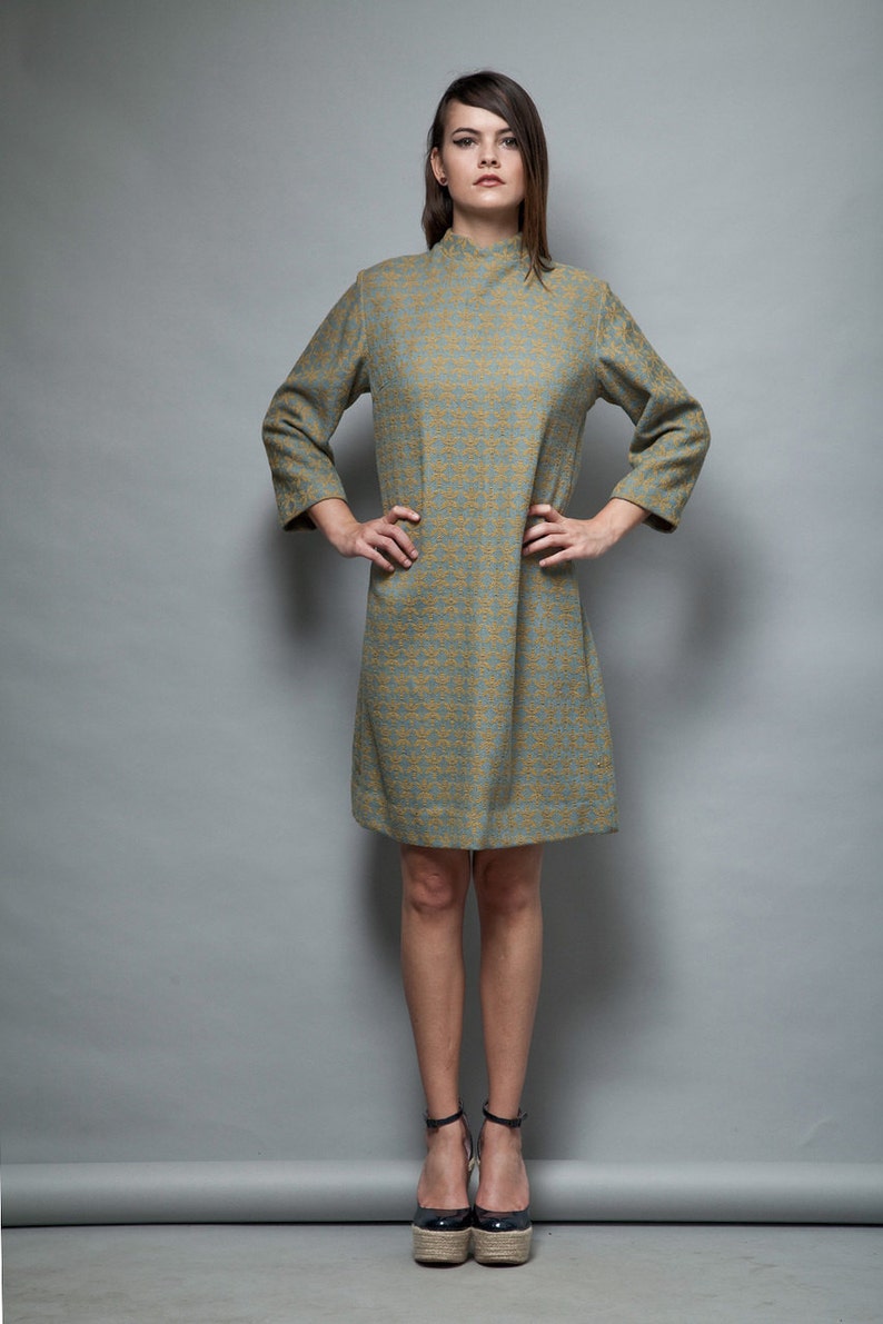 MOD A-line Shift Dress Vintage 60s Wool Damask Blue Yellow - Etsy