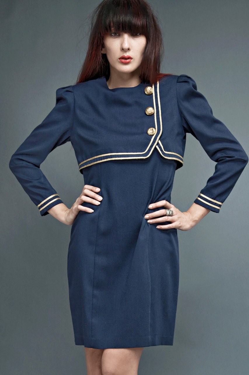 Vintage 80s Navy Sailor Nautical Mini Dress Gold Trims Crested Buttons ...