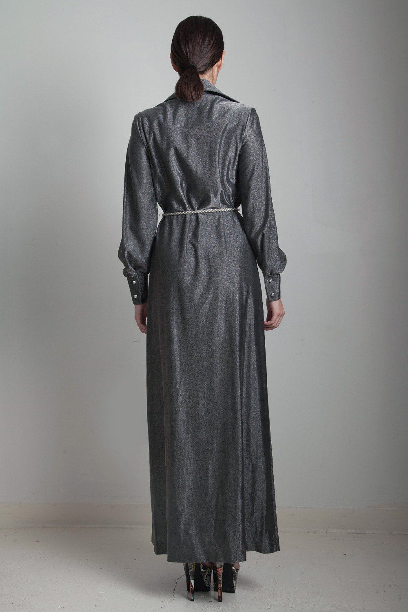Metallic Gray Duster Long Coat Jacket Dress Vintage 70s Tassel Belt ...