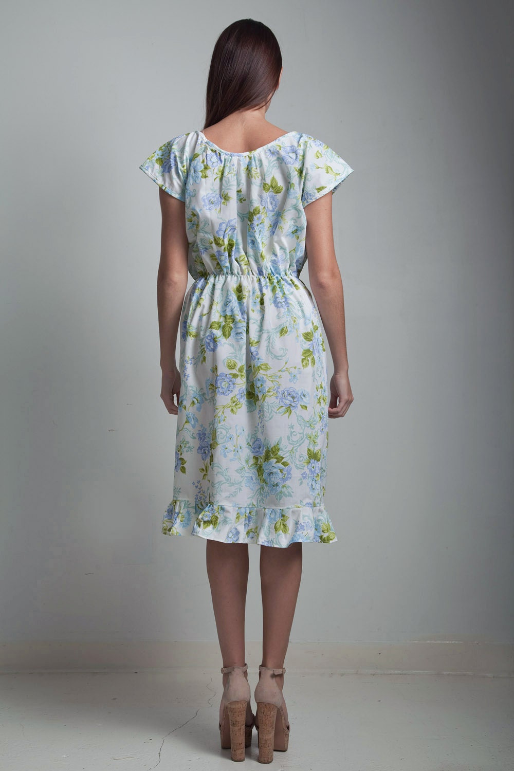 Floral Day Dress Blue Flower Print Elastic Feminine Vintage - Etsy