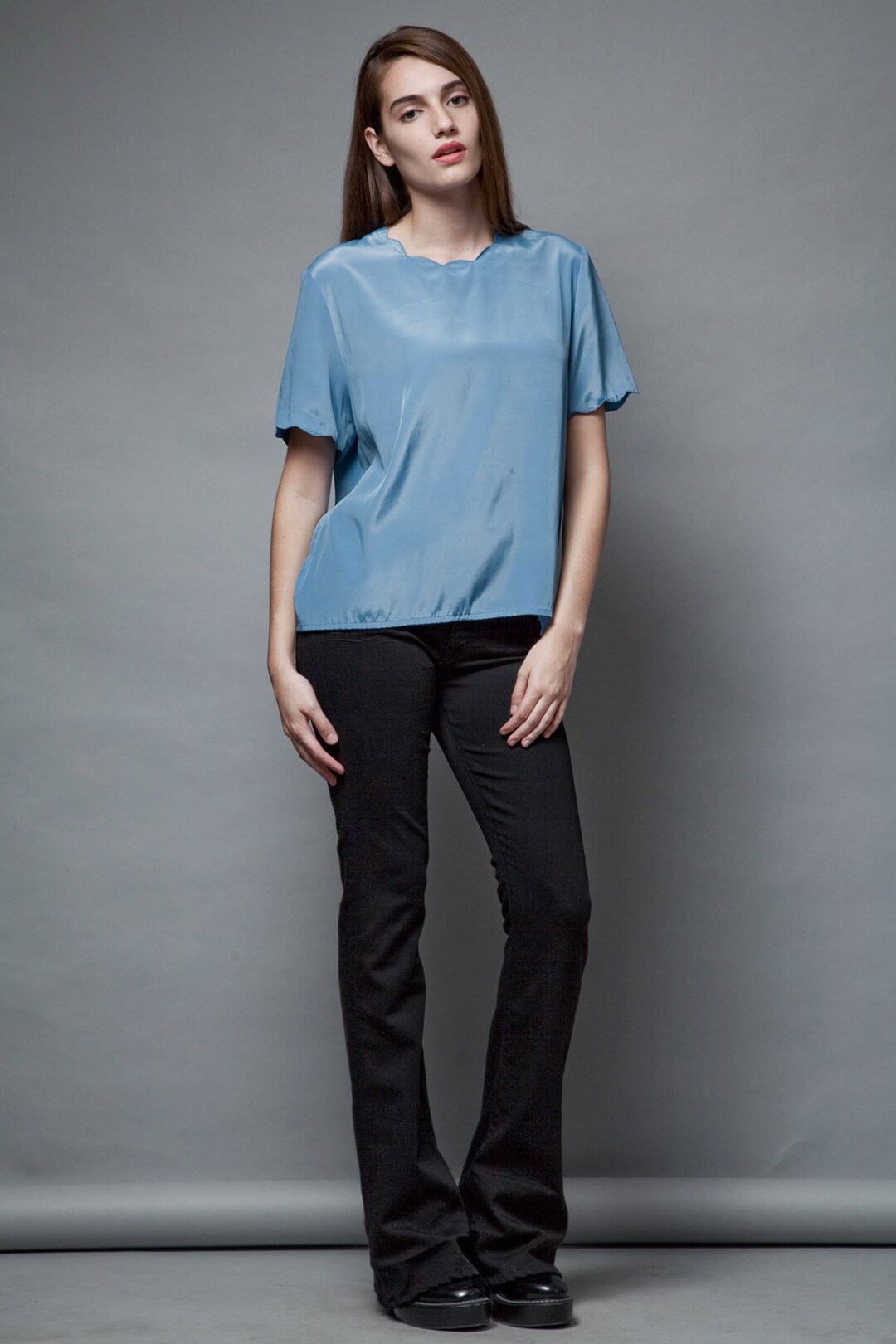 Vintage Slinky Secretary Top Blouse Scalloped Edges Smoke Blue S M ...