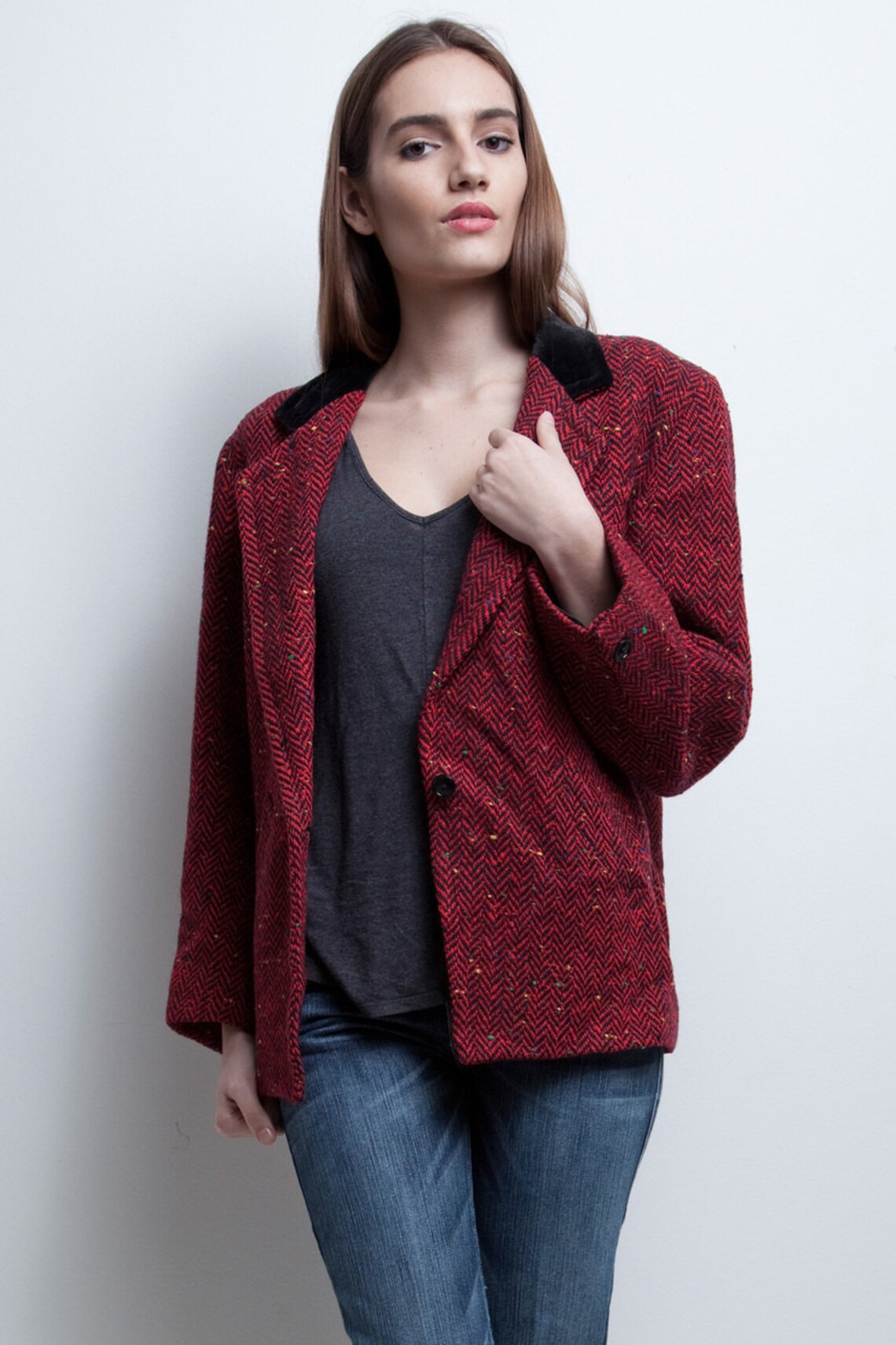 Red Herringbone Tweed Jacket Vintage 80s Guy Laroche 36 M L | Etsy