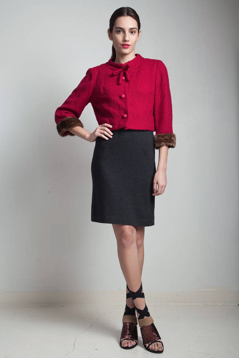 50s Vintage Red Fur Trim Jacket Textured Bucle Raspberry Coat - Etsy