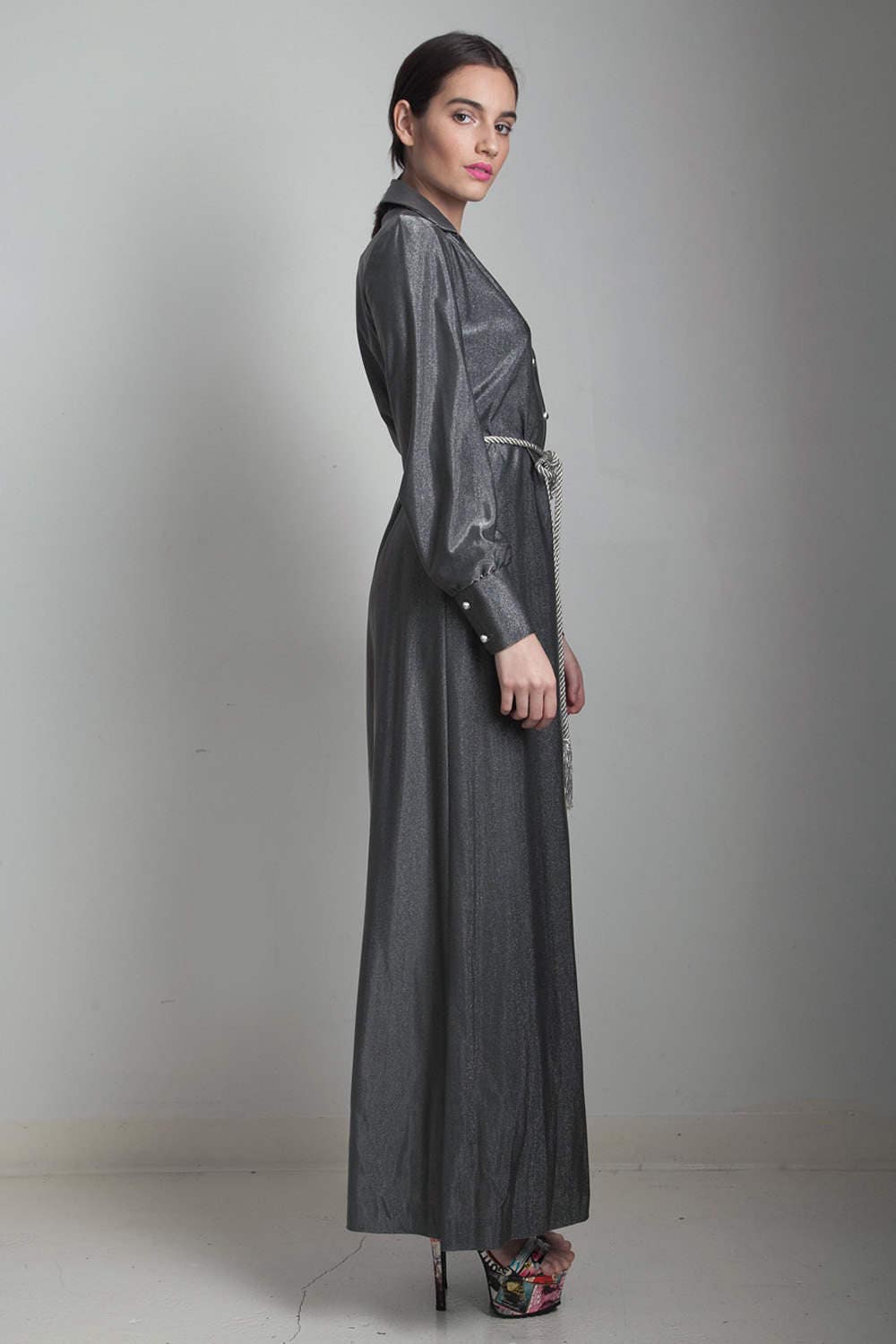 Metallic Gray Duster Long Coat Jacket Dress Vintage 70s Tassel Belt ...