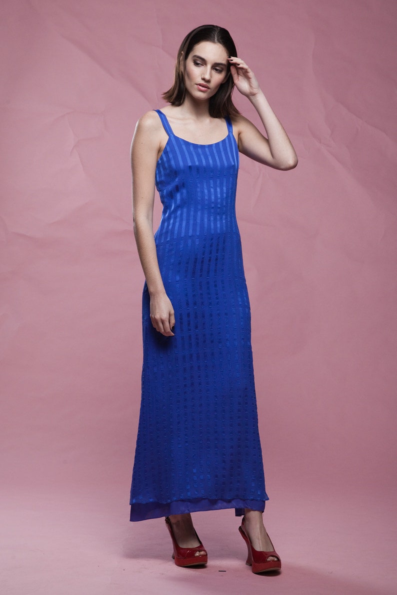 Blue Silk Dress Flowy Maxi Ankle Length Shoulder Straps - Etsy