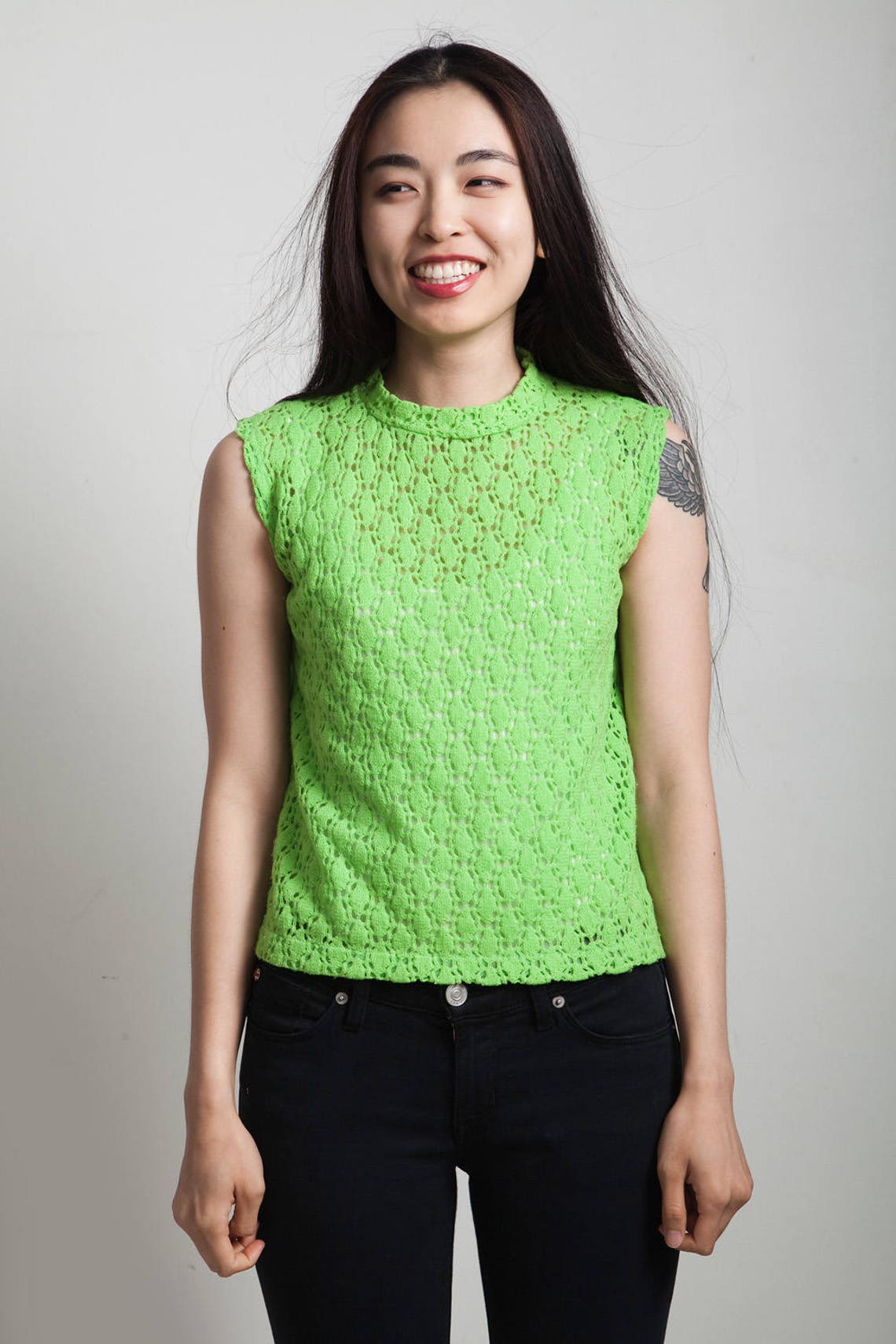 Sleeveless Knit Sweater Top Eyelet Lime Green Pullover High Neck ...