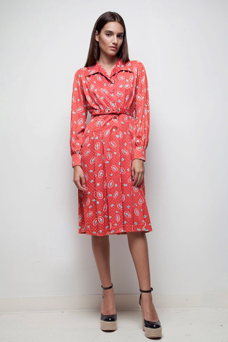 Shirt Waist Dress Belted Red Paisley Midi Modest Librarian Shirtdress ...