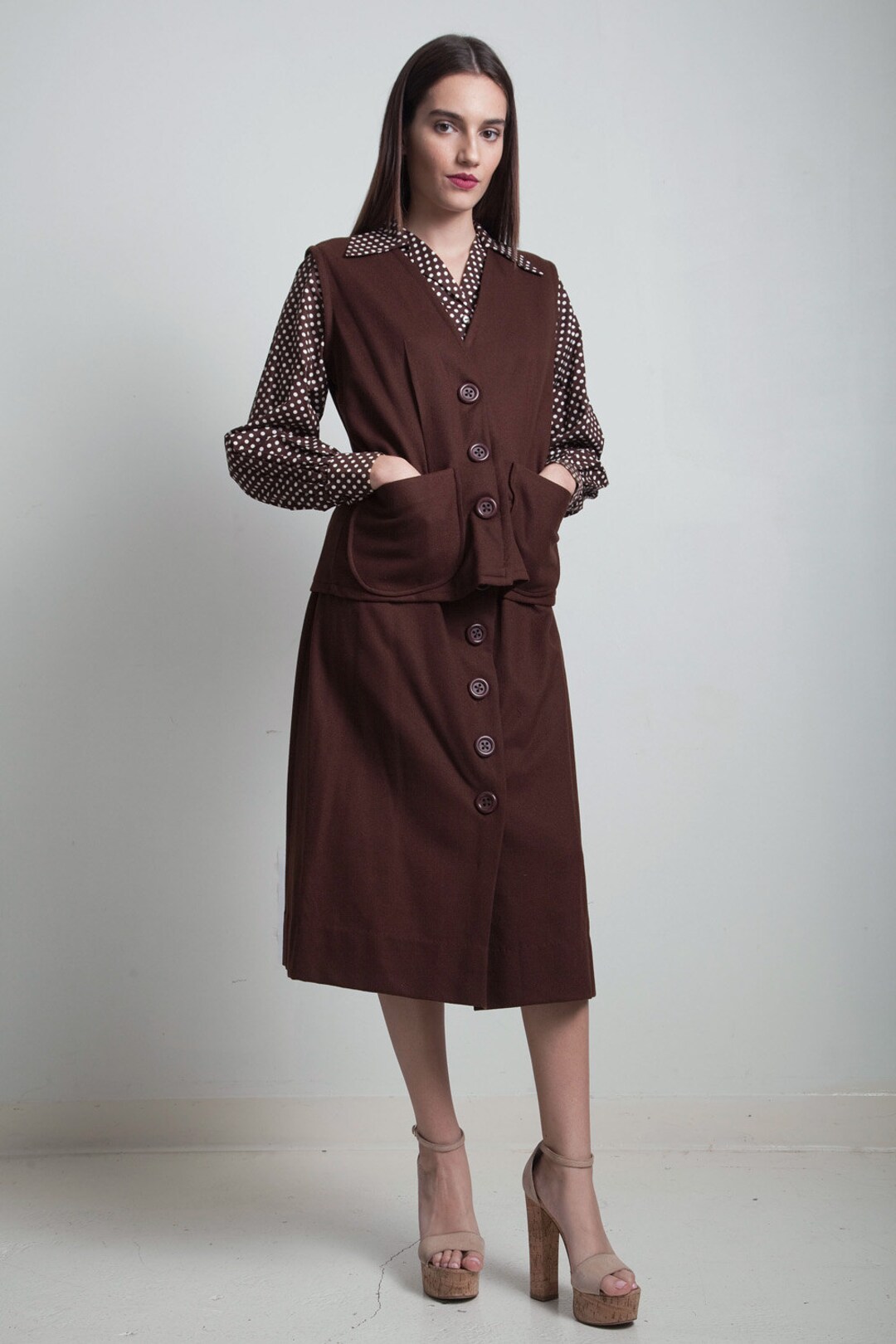 Vintage 70s Preppy Vest Skirt Suit Polka Dot Blouse Chocolate Brown ...
