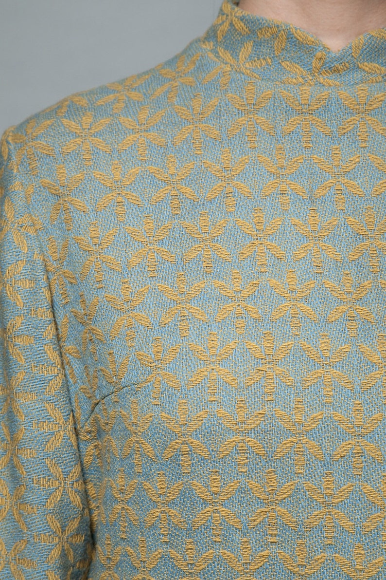 MOD A-line Shift Dress Vintage 60s Wool Damask Blue Yellow - Etsy