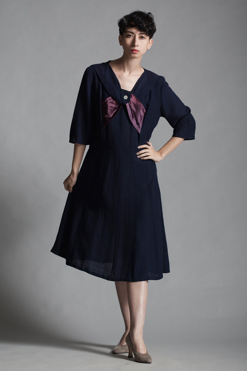 Vintage 40s 1940s Dress Navy Blue Bow Rhinestones Half Sleeves Midi ...