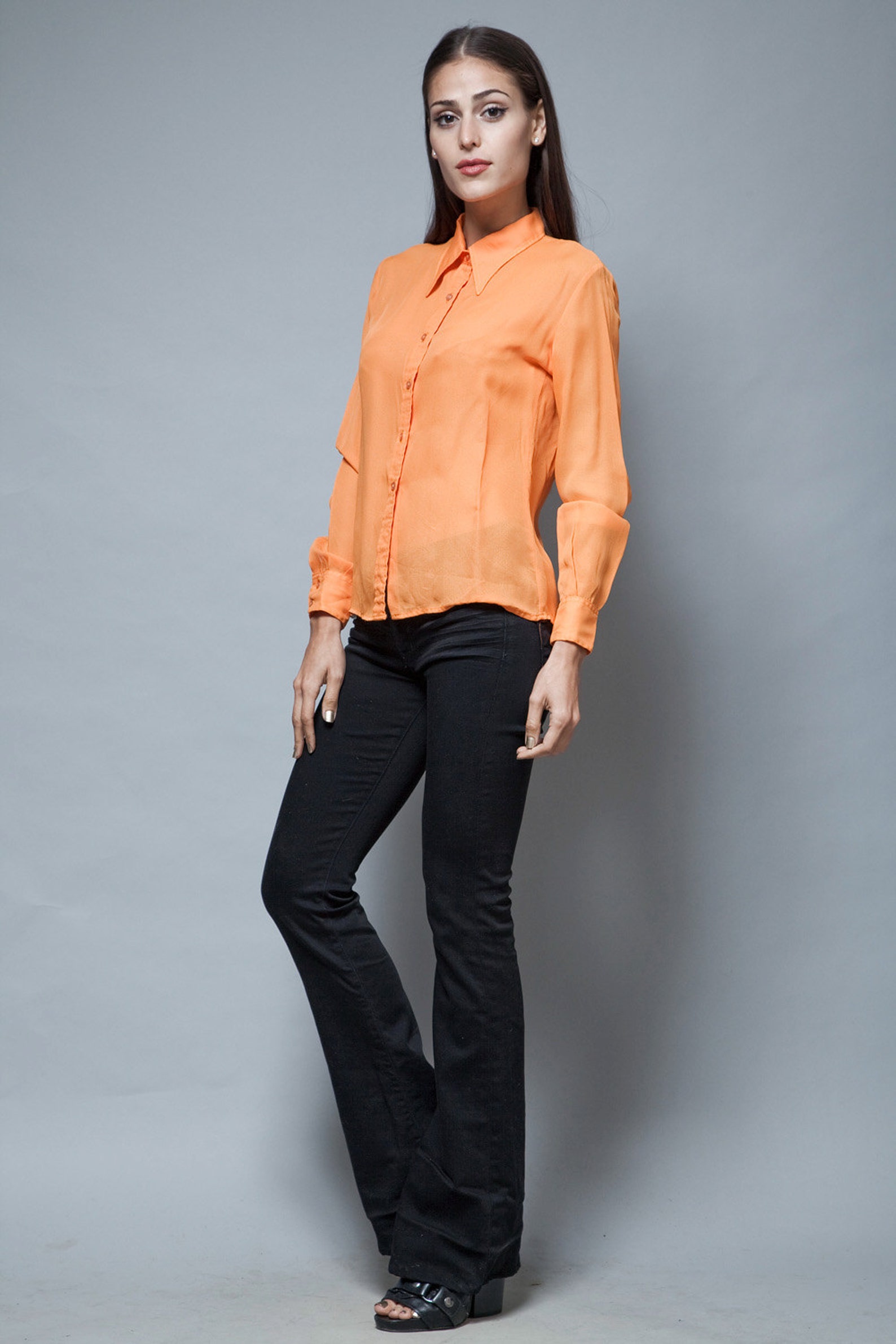 Vintage 70s Pointy Collar Blouse Solid Orange Shirt Long Sleeves Semi ...
