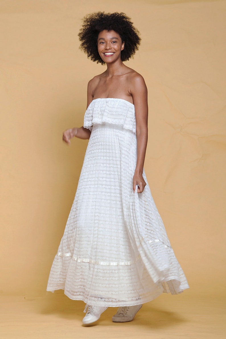 Boho Maxi Dress White Lace Strapless Ruffles Bohemian Bride - Etsy