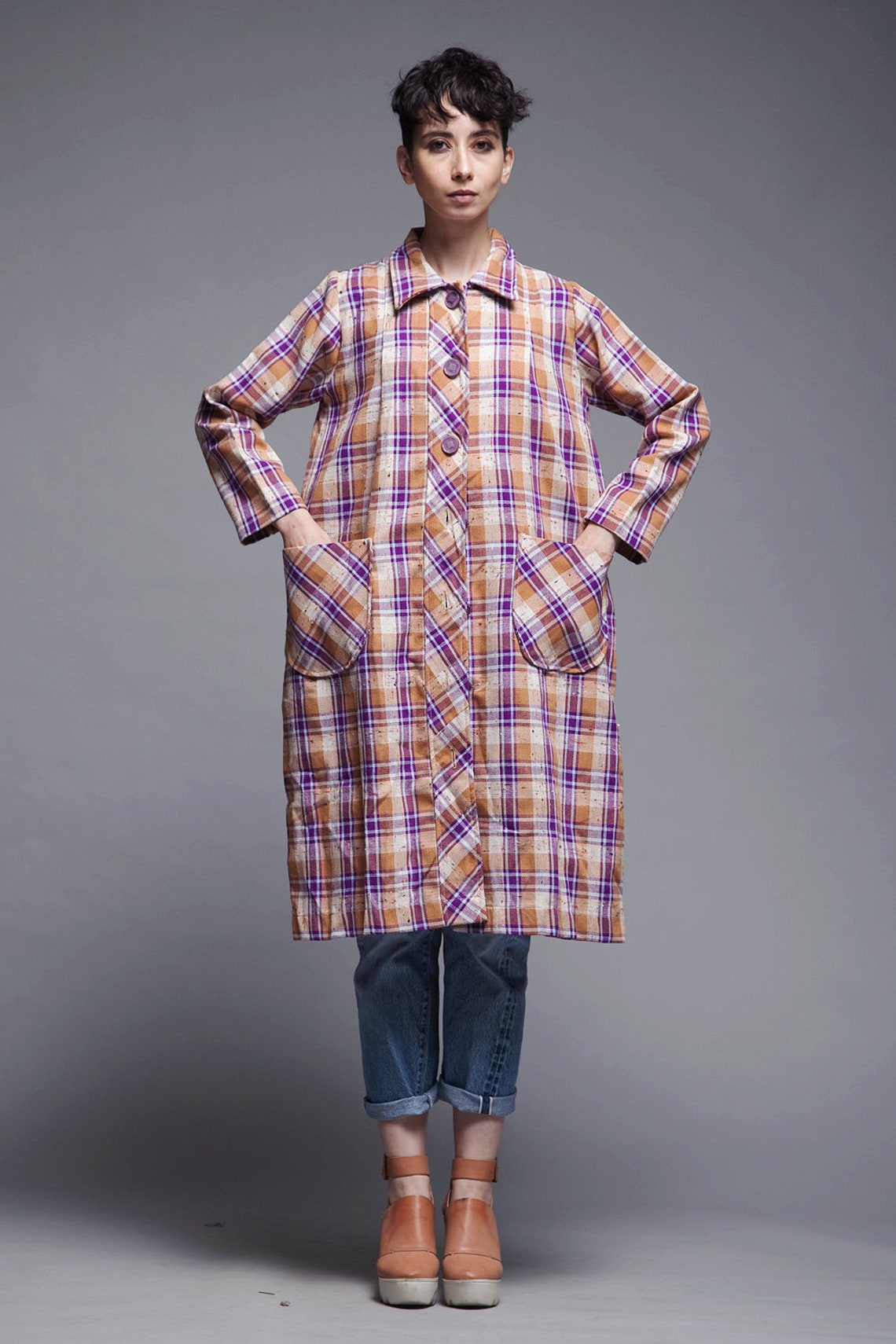 Tweed Plaid Coat Dress Pleated Duster Brown Purple Patch - Etsy