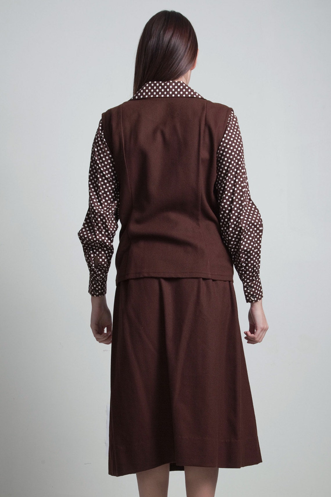 Vintage 70s Preppy Vest Skirt Suit Polka Dot Blouse Chocolate Brown ...
