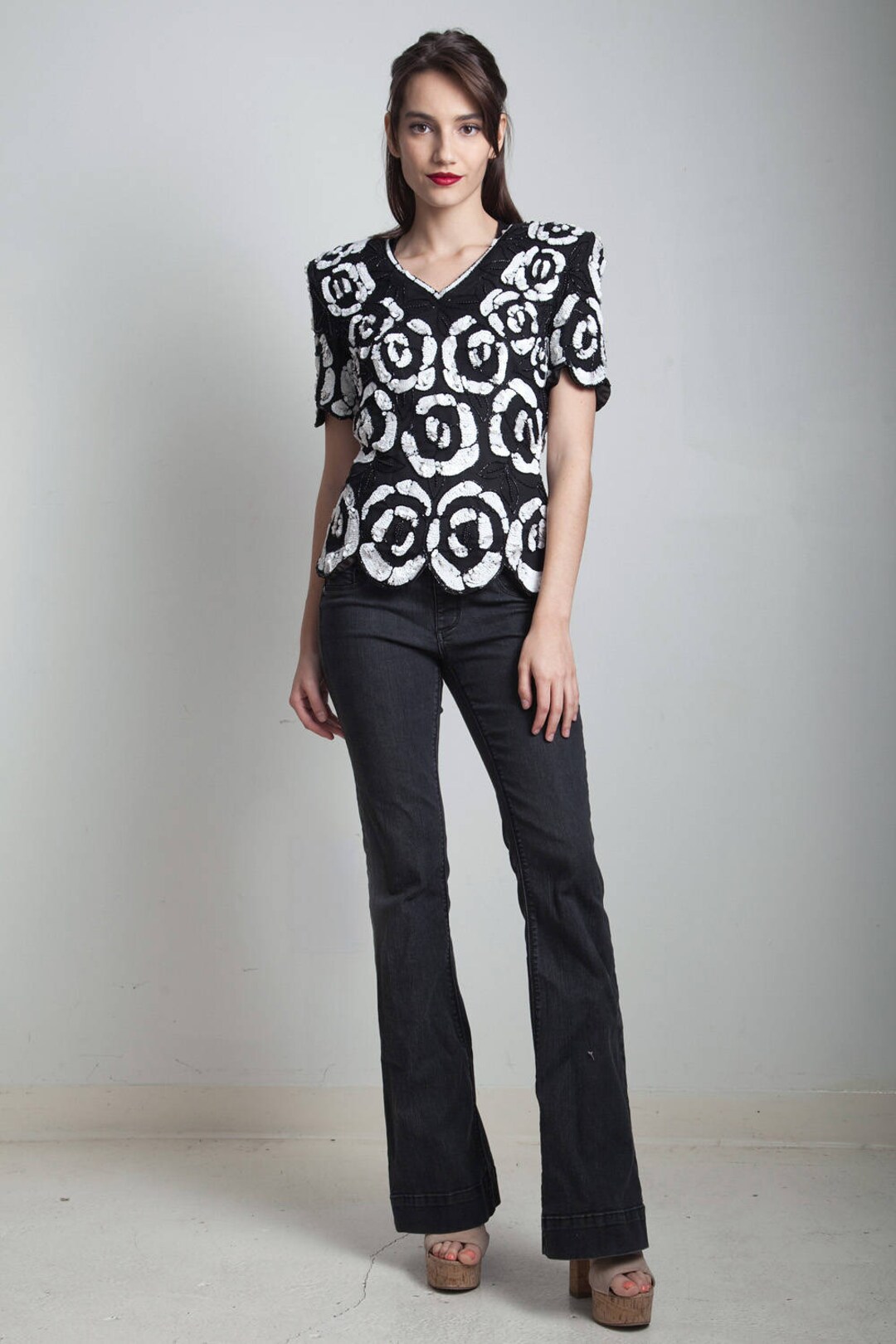 Evening Top Beaded Sequined Silk Party Rose Black White NYE Vintage 80s ...