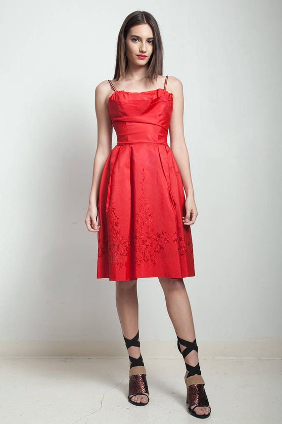 vintage 50s red party dress shelf bust floral embroid… - Gem
