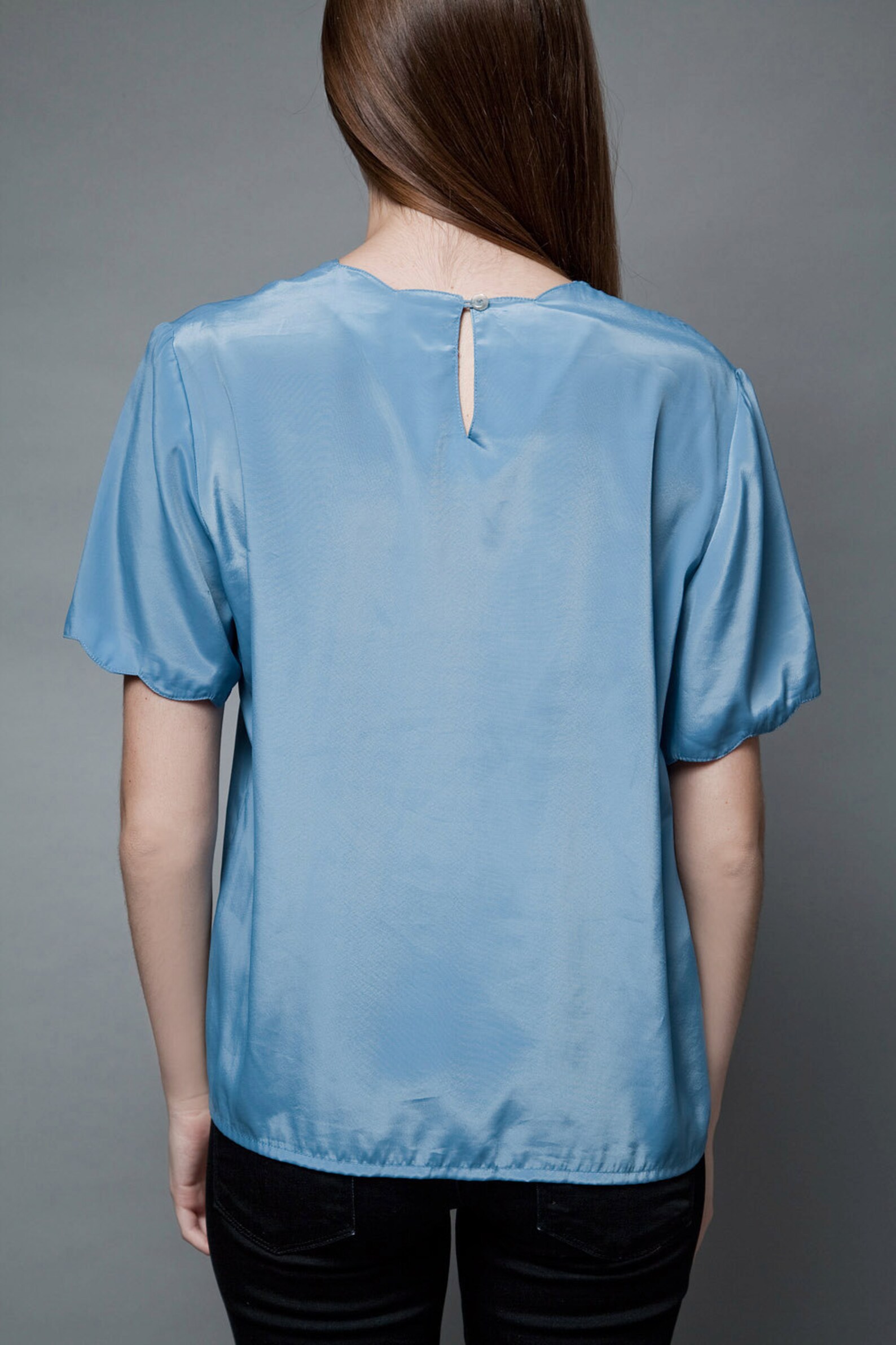 Vintage Slinky Secretary Top Blouse Scalloped Edges Smoke Blue S M ...